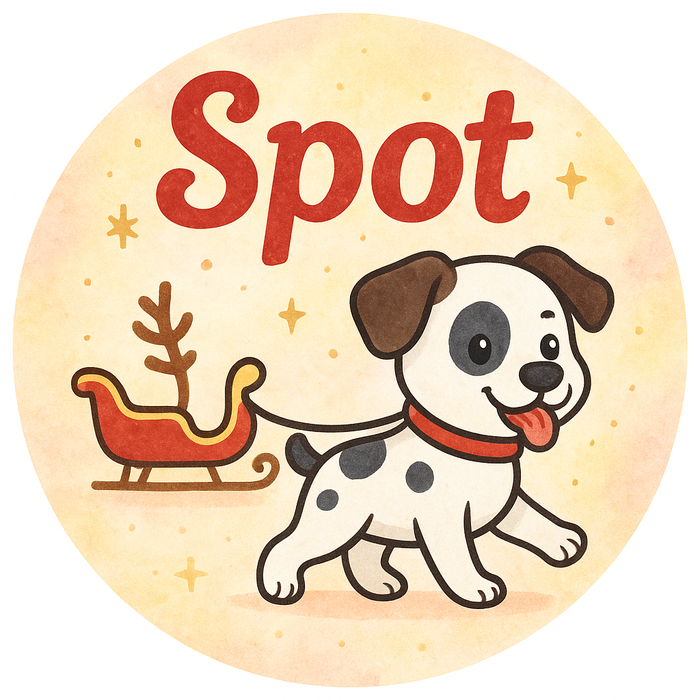 Custom Design – Spot pulling a tiny sleigh with reindeer antlers