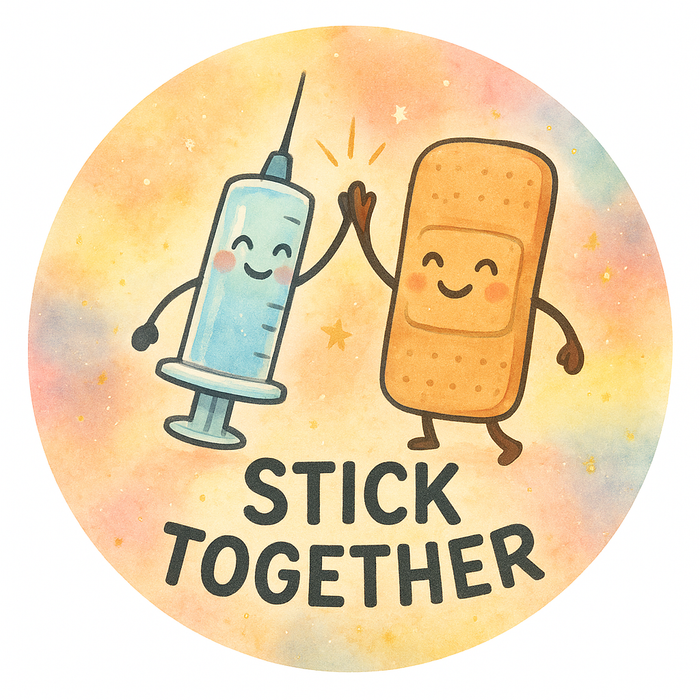 Custom Design – Syringe and band-aid characters high-fiving with text